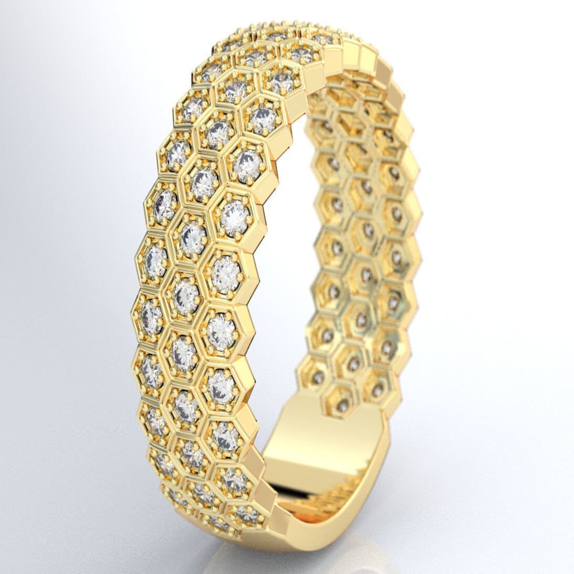 14K Solid Gold Diamond 3 Row Honeycomb Wedding Band / Gold Honeycomb R ...